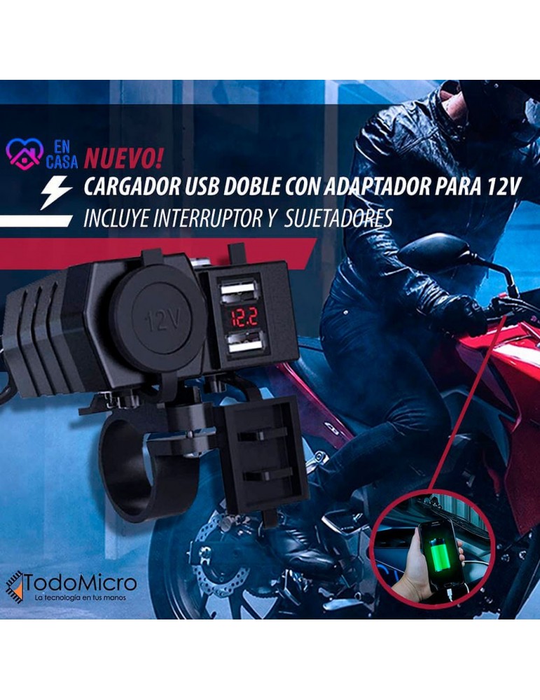 Cargador USB Para moto 2 USB + Slot encendedor 12V + brujula