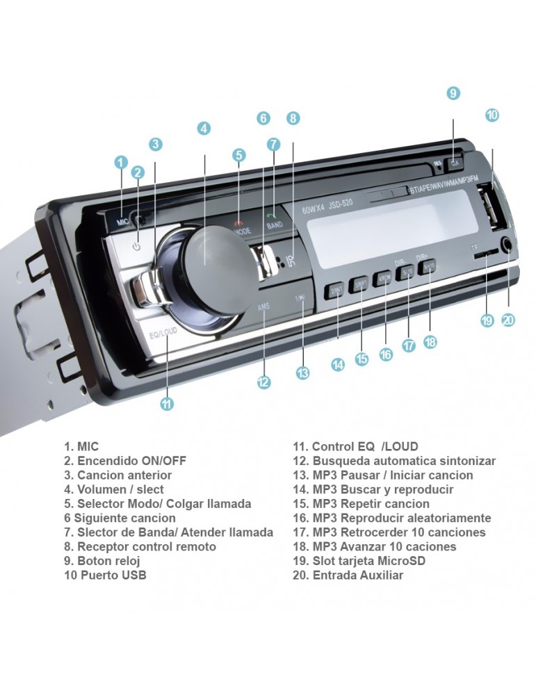 Estereo para Auto 60W con radio FM y bluetooth