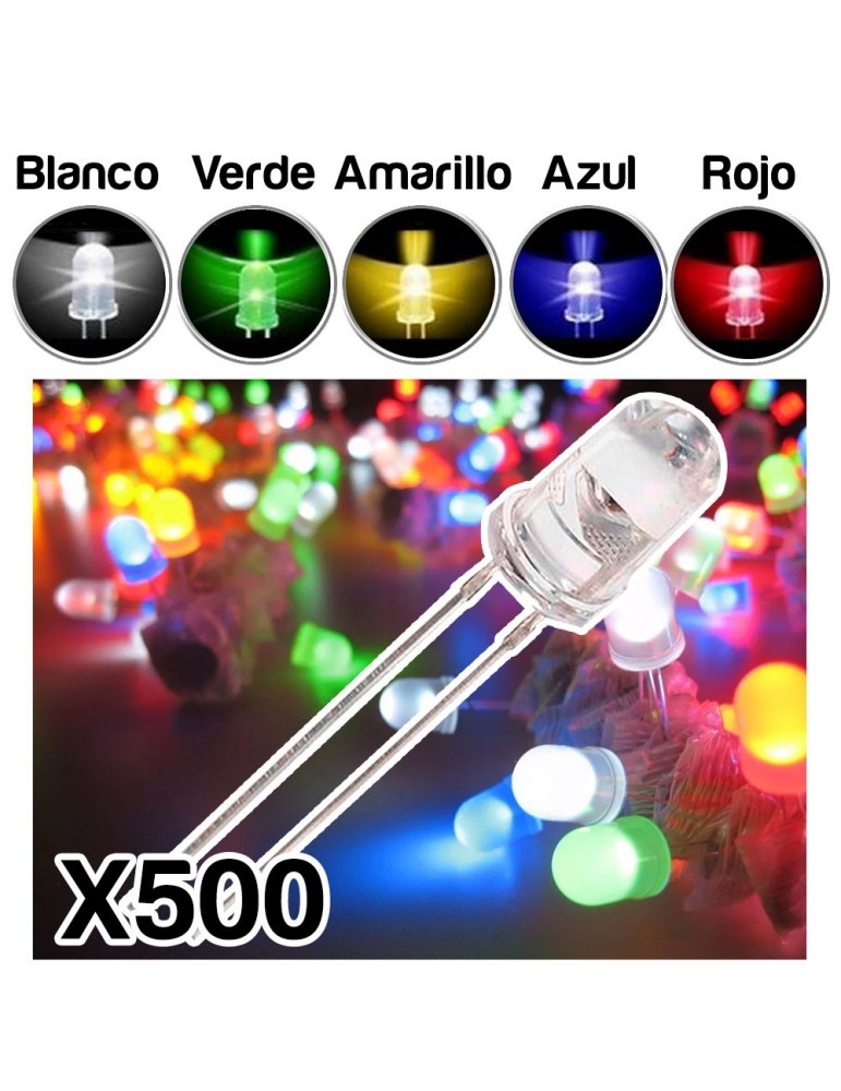 Set de leds 5mm Rojo, amarillo, azul, blanco, verde 100 por color