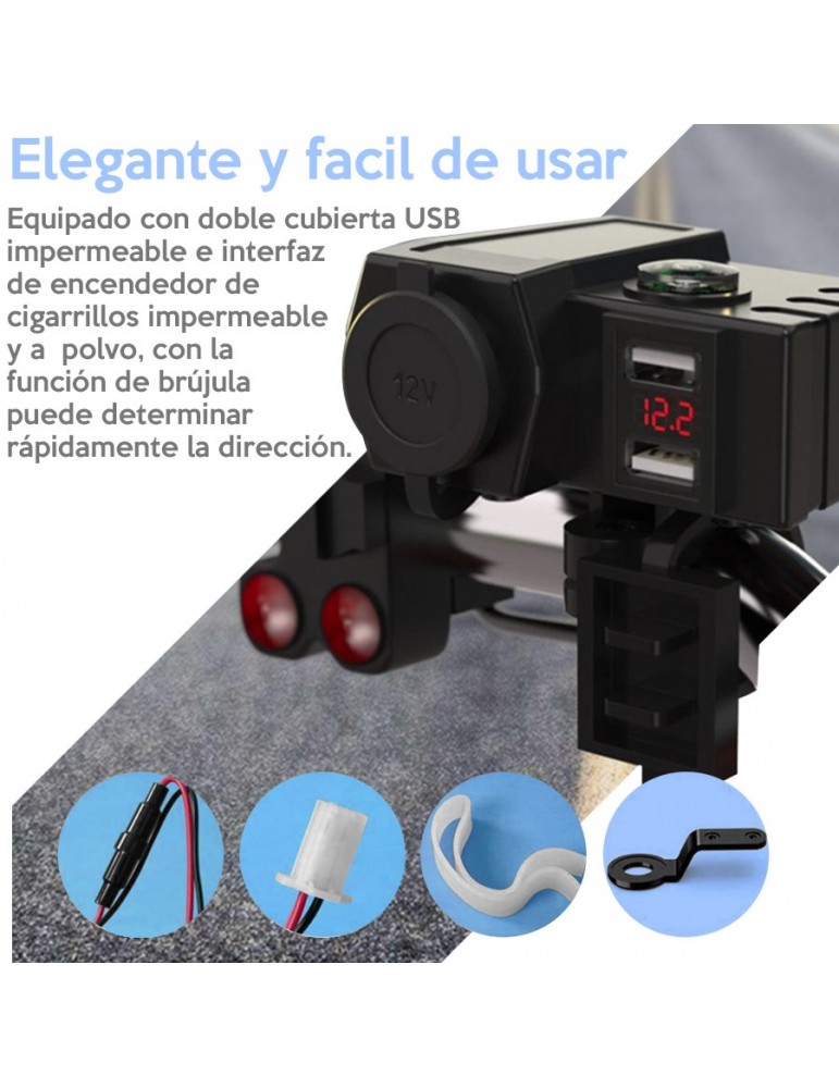 Cargador USB Para moto 2 USB + Slot encendedor 12V + brujula